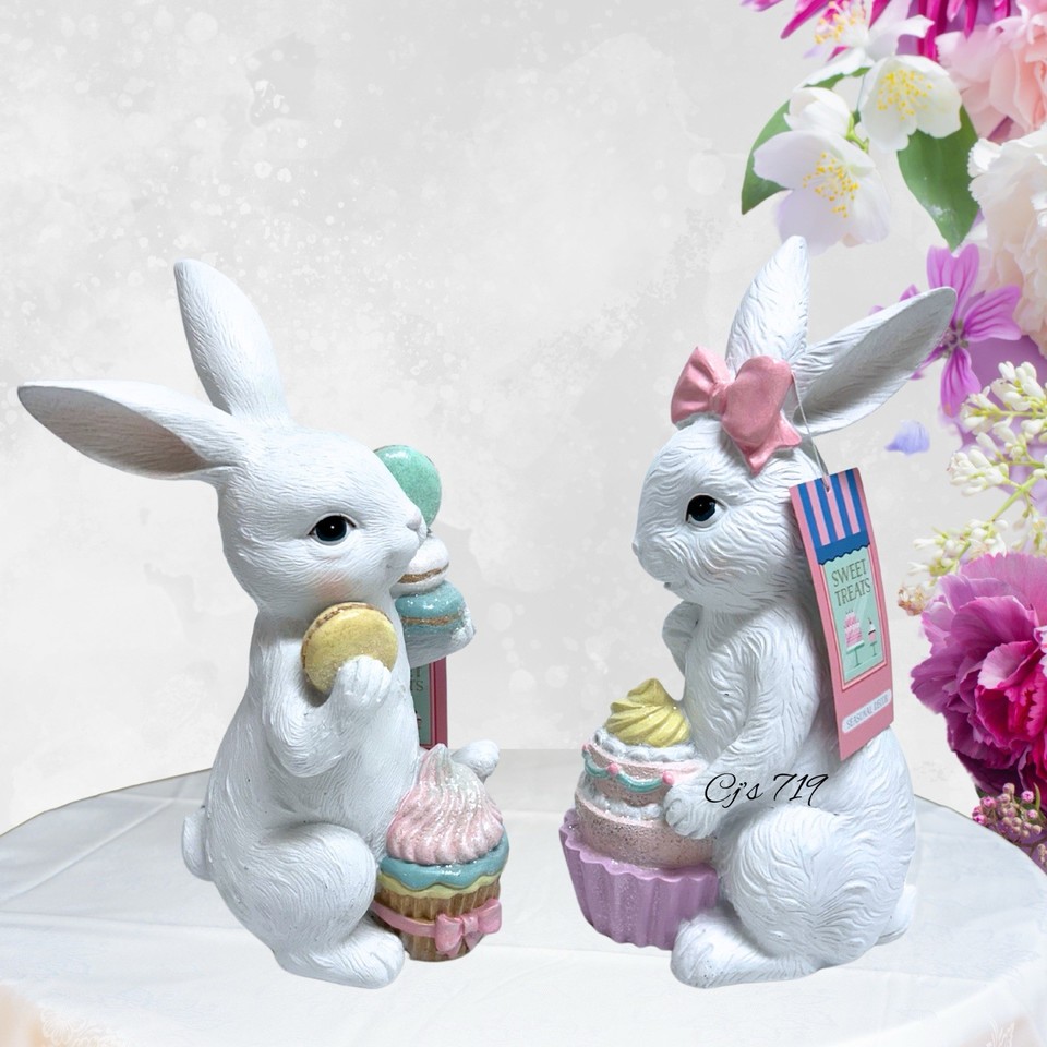 Set Of 2 SWEET TREATS Easter Bunny Rabbit Pastel Macaroons & Cupcake ...