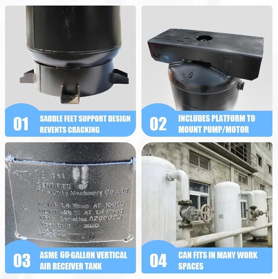 60 Gallon ASME Air Compressor Receiver Vertical Air Tank with Accessary ...