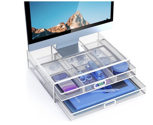 Monitor Stand Riser Drawer Mesh Metal Desk Organizer White | eBay