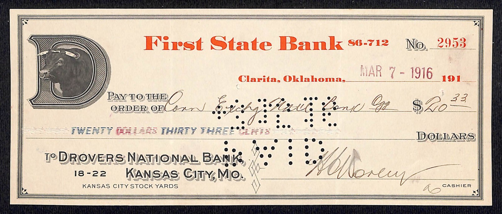 Clarita, OK Bank Check 1916 Kansas City Stock Yards - w/ Cow Head ...