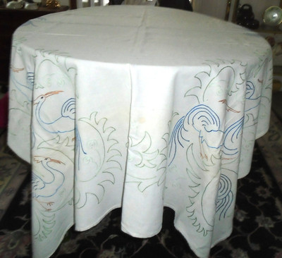 VINTAGE 1920s HAND EMBROIDERED TABLECLOTH BIRDS Blue Green Amber ...