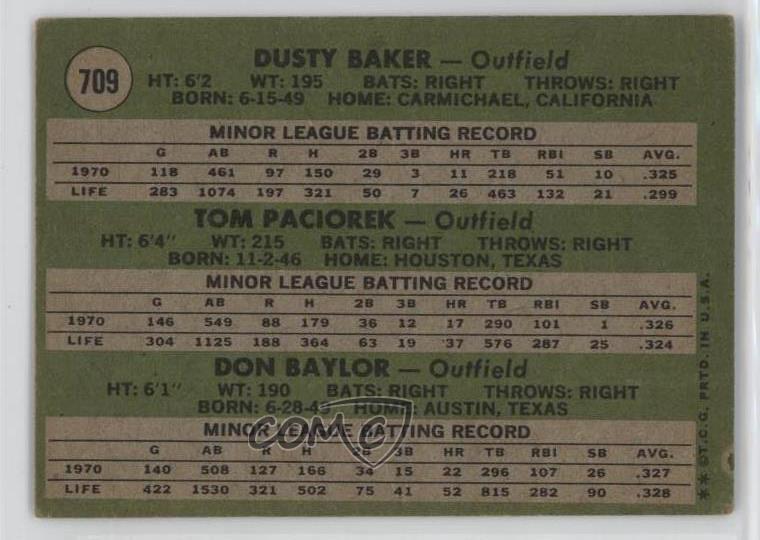 1971 Topps High # Dusty Baker Tom Paciorek Don Baylor #709 Rookie RC | eBay
