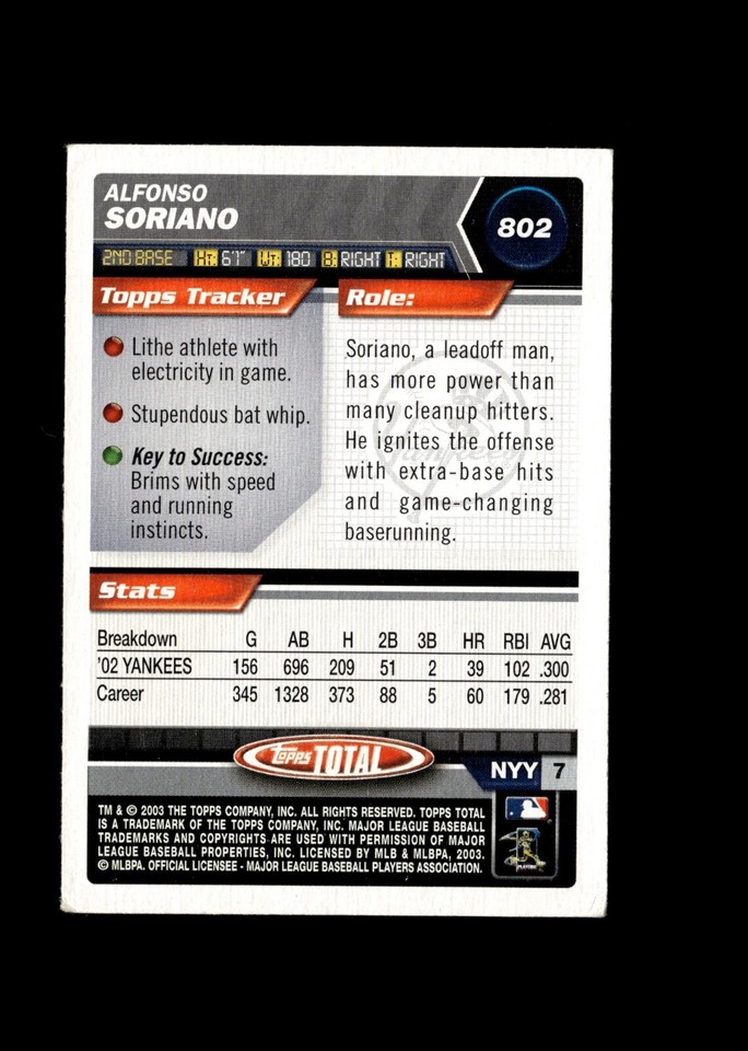 Alfonso Soriano 2003 Topps Total Baseball Card #802 New York Yankees ...