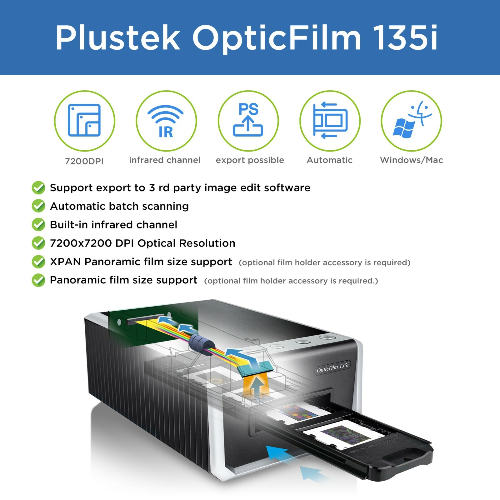 Plustek OpticFilm 135i, 35mm Film & Slides Scanner, 7200dpi Auto Batch ...