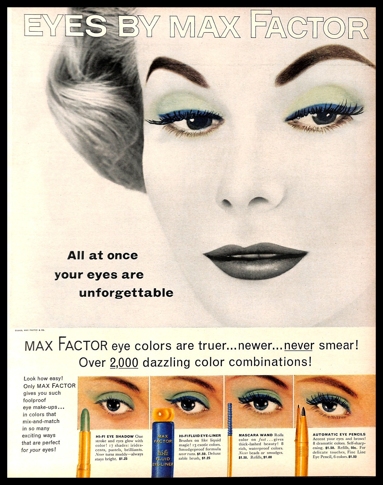 1960 Max Factor Eye Colors Vintage PRINT AD Makeup Products Eyeliner Mascara | eBay