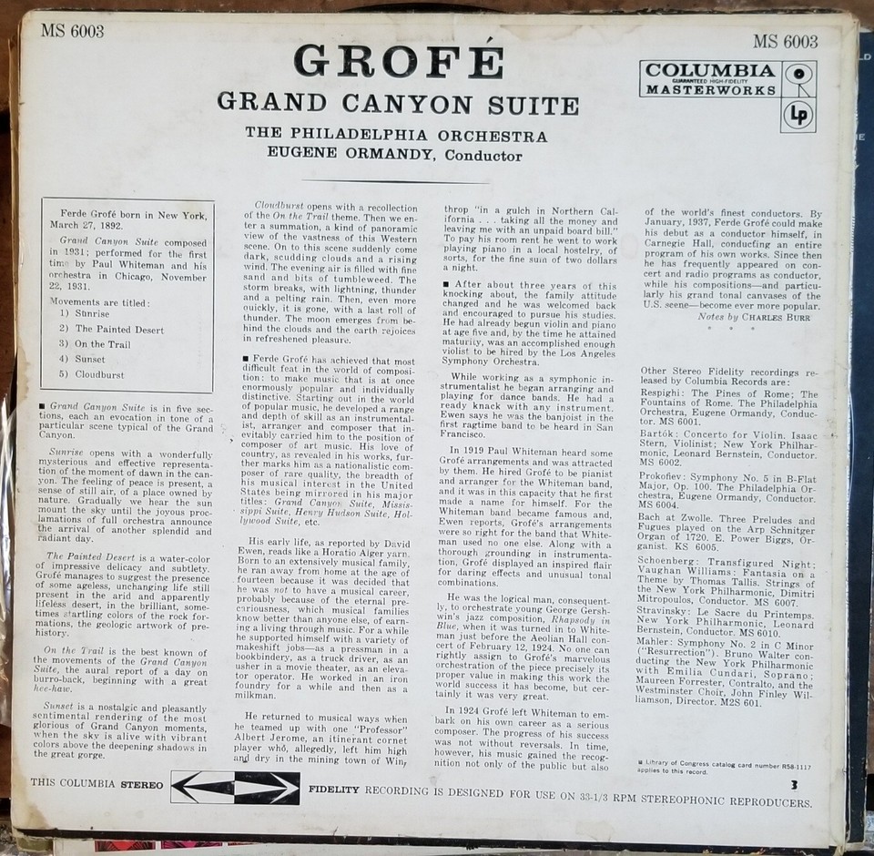 Ormandy Grofe Grand Canyon Suite Columbia MS 6003 LP NM | eBay