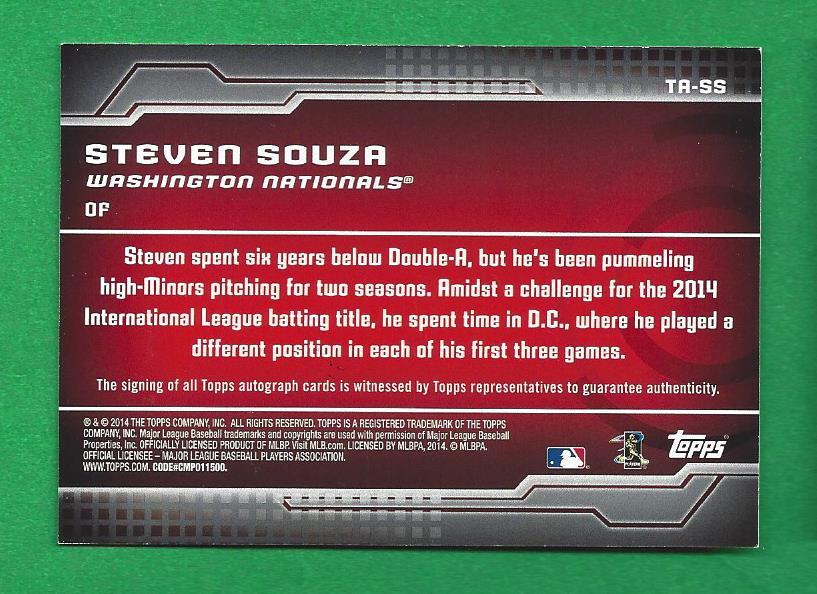 2014 Topps Trajectory auto STEVEN SOUZA Washington Nationals autograph ...