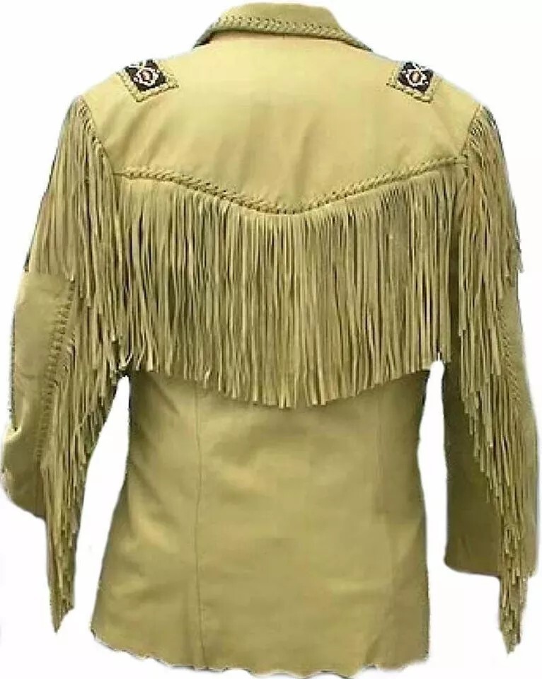 Men Western Cowboy Real Leather Fringe Beaded Coat Native American ...