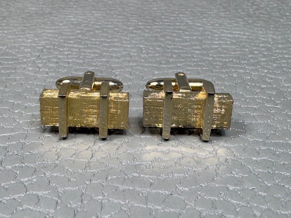 Vintage Double Bars Over Brick Pattern Yellow Gold Plated Cuff Links | eBay