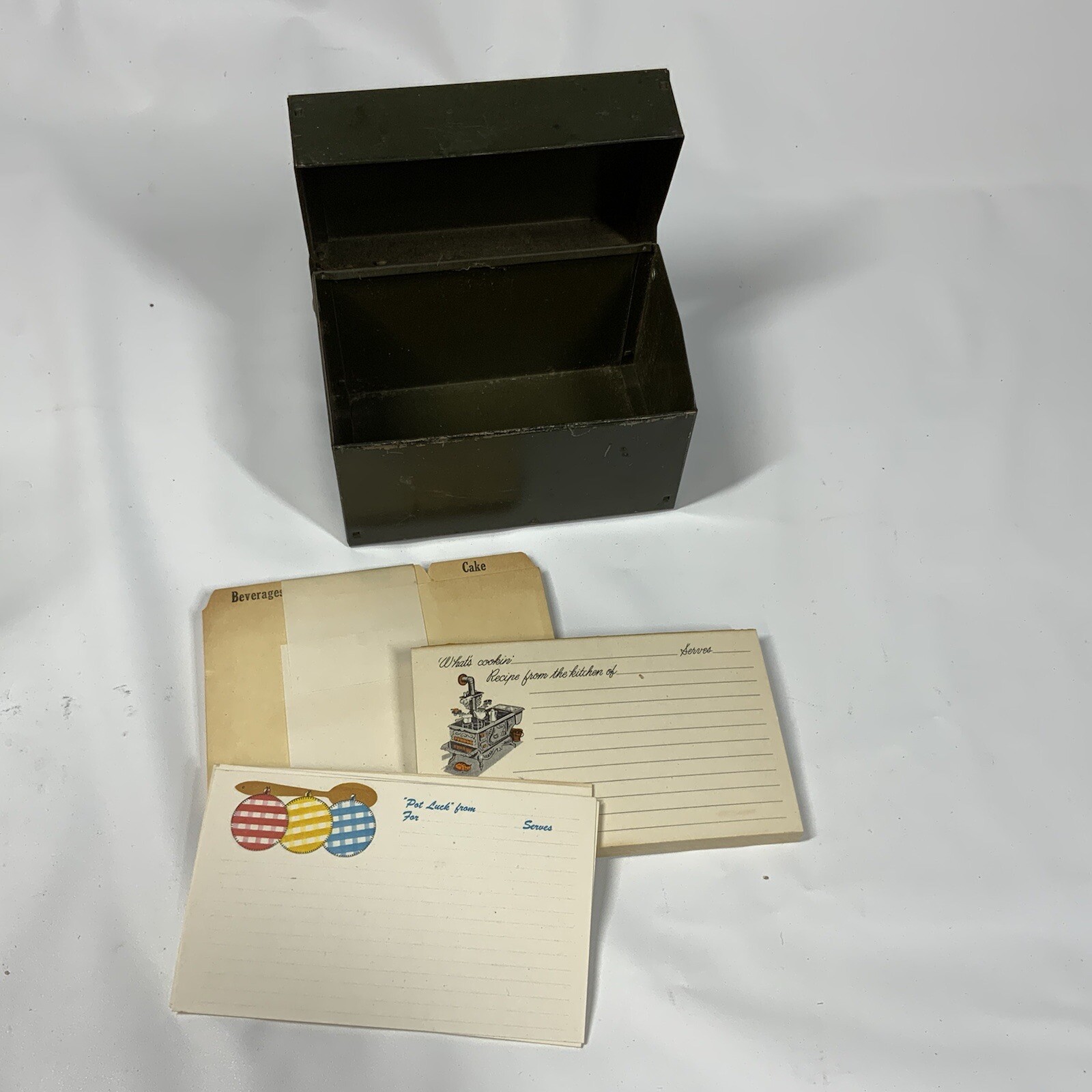 Vintage Green Index Recipe Filing Tin Metal Hinged 3x5 Box with Cards ...
