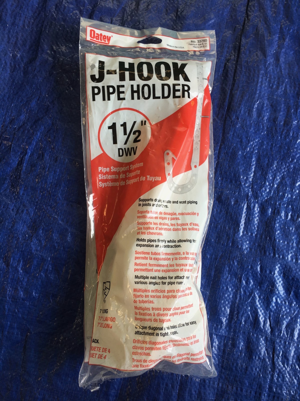 Oatey 33760 DWV J-Hook Pipe Holder 1-1/2" x 7" 4-Pack HANGER HANGAR ...