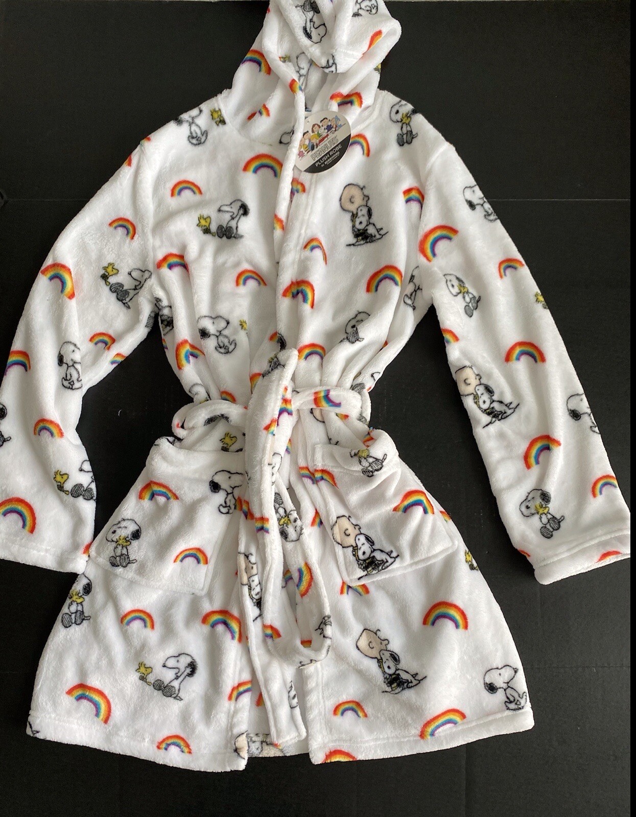 Peanuts Snoopy Hooded Robe Sz S/M Rainbow Super Soft Belt Woodstock ...