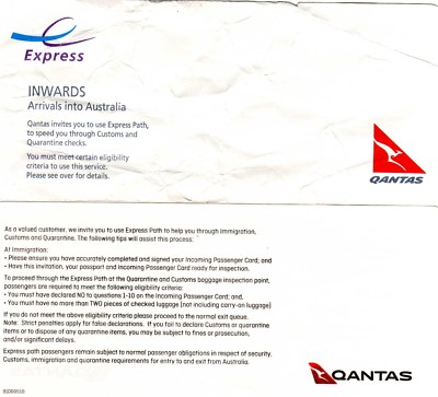 2 QANTAS " EXPRESS PATH " INWARDS ARRIVALS INTO AUSTRALIA PASSES. | eBay UK