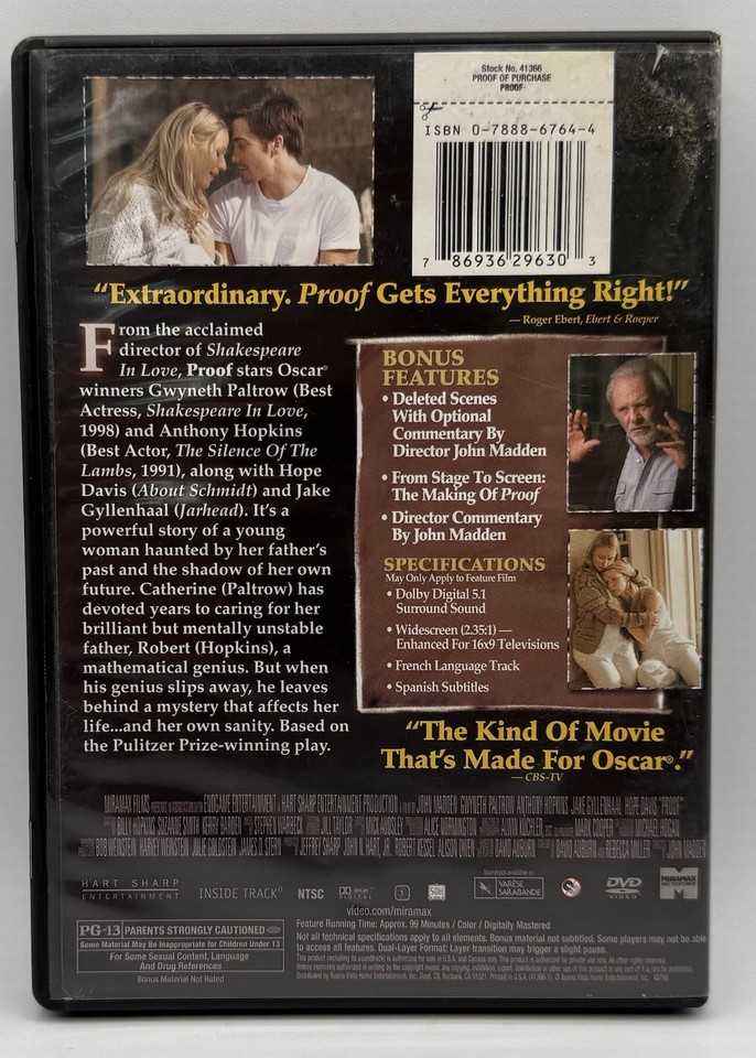 Proof DVD Widescreen Gwyneth Paltrow Anthony Hopkins Jake Gyllenhaal ...