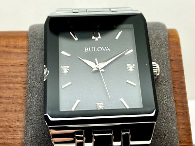 Bulova Men's Watch 96D145 Quadra Modern Quartz Diamonds Black Dial 30mm ...