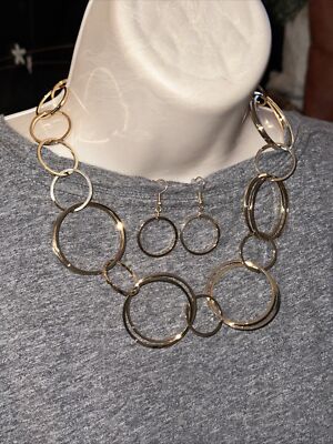 J CREW Large Gold Link Circle Chains Matching Earring Set Necklace NWOT ...