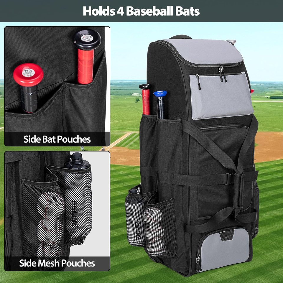 Wheeled Baseball Bag for 4 Bats, Large Softball Gear Bag with Shoe ...