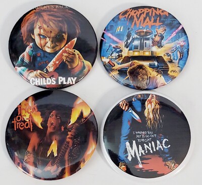 4 Horror Movie Buttons Pins 2.25", Metal Pin-back. 58mm. Sammie Curr ...