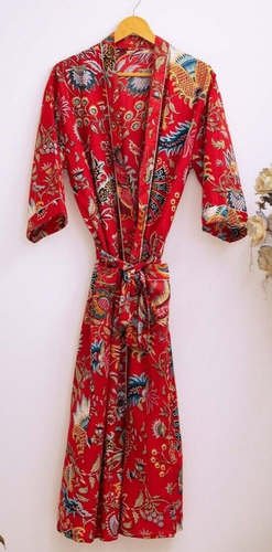 Indian Long Red Floral Printed Kimono Robes Cotton Woman's Nightwear ...