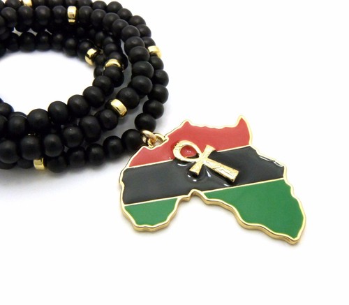 NEW ANKH CROSS AFRICA PENDANT & 30" WOOD BEAD CHAIN HIP HOP NECKLACE ...
