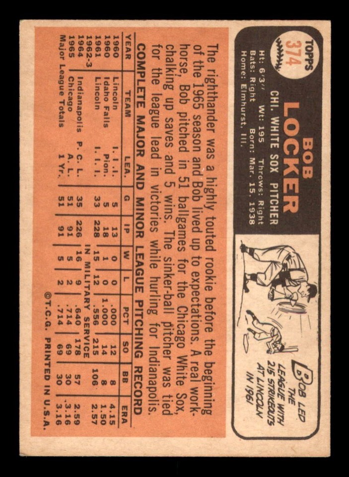 1966 Topps Baseball #374 Bob Locker EX/MT *e1 | eBay