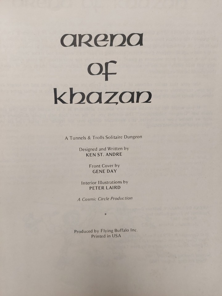 Flying Buffalo Tunnels & Trolls Arena of Khazan (1st-3rds) Solo Dungeon ...