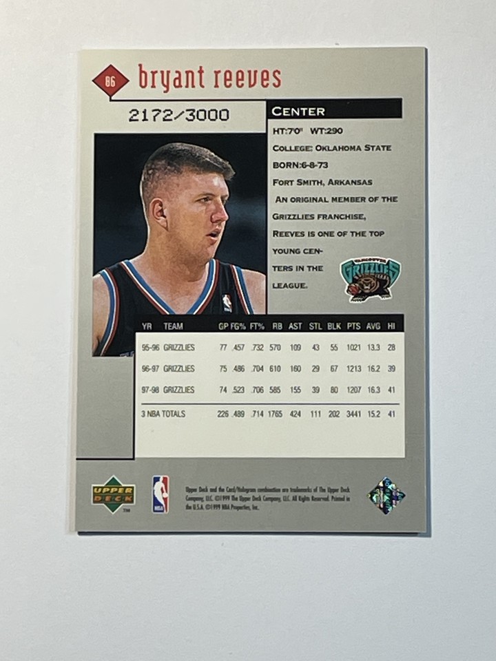 1998 Upper Deck Black Diamond Bryant Reeves #86 Double Diamond SN3000 ...