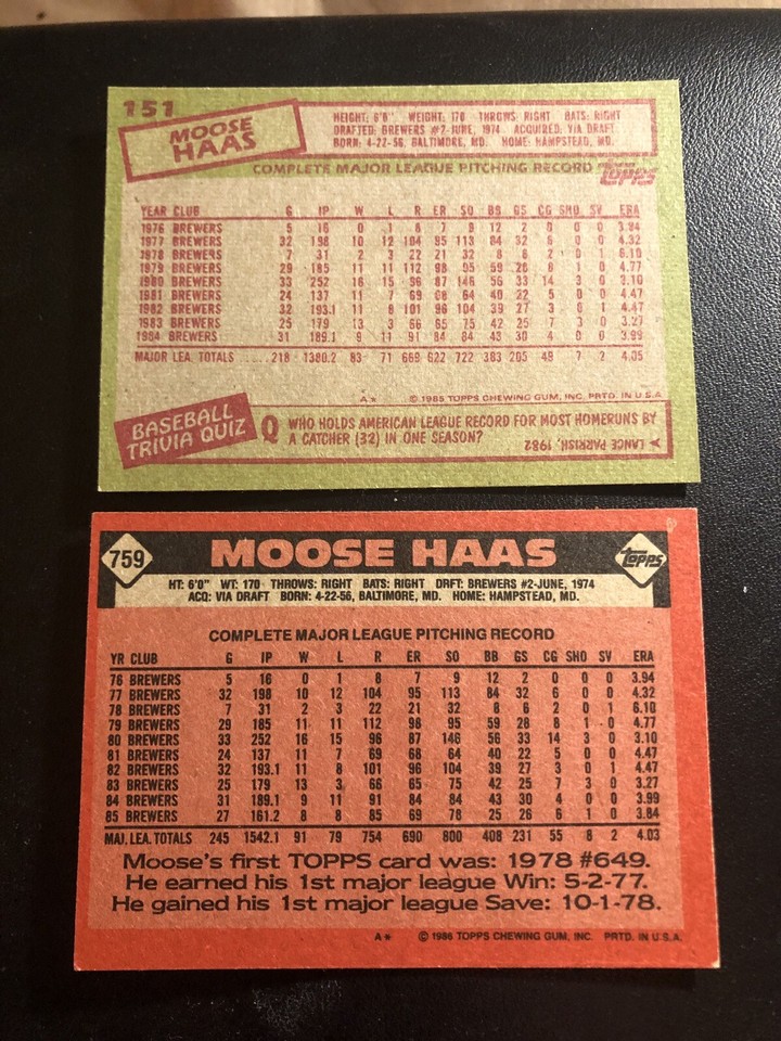 MOOSE HAAS LOT-1985 & 1986 Topps EXMT Milwaukee Brewer’s | eBay