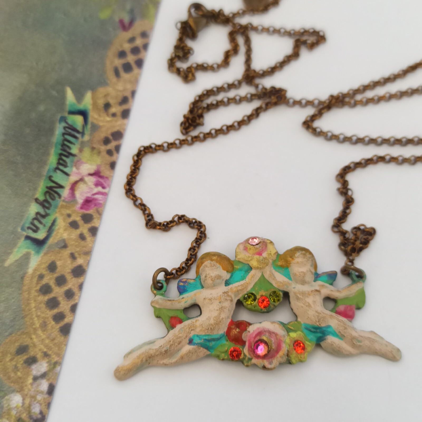 Michal Negrin Necklace Long Angels Roses Colorful Enamel Crystals ...