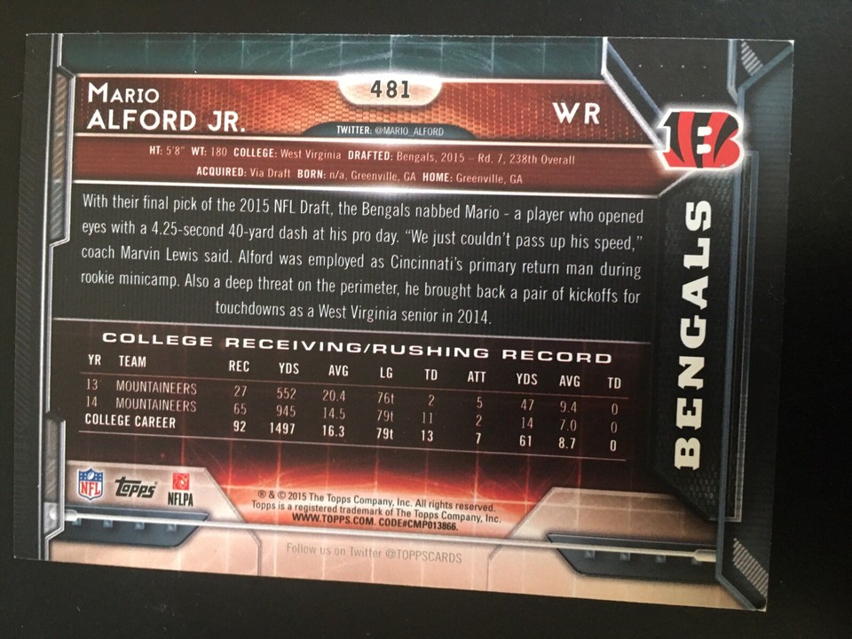 2015 Topps Football #481 Mario Alford Jr. RC Cincinnati Bengals | eBay