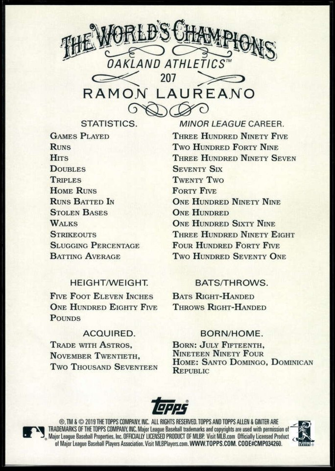 Ramon Laureano 2019 Allen and Ginter 5x7 #207 6/49 Athletics | eBay