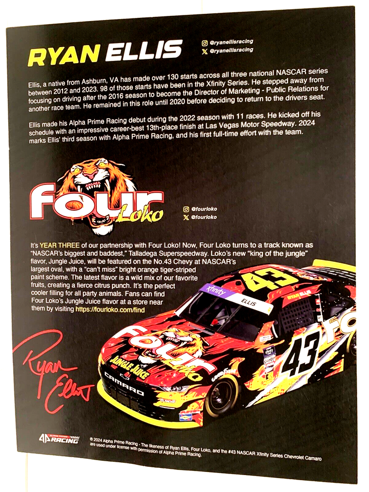 2024 RYAN ELLIS #43 FOUR LOKO APR CAMARO SS NASCAR XFINITY SERIES ...