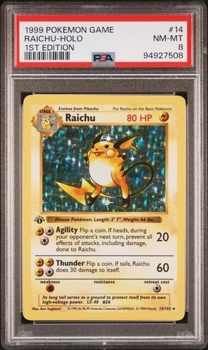 1999 POKEMON GAME 14/102 BASE SET SHADOWLESS RAICHU-HOLO 1ST EDITION ...
