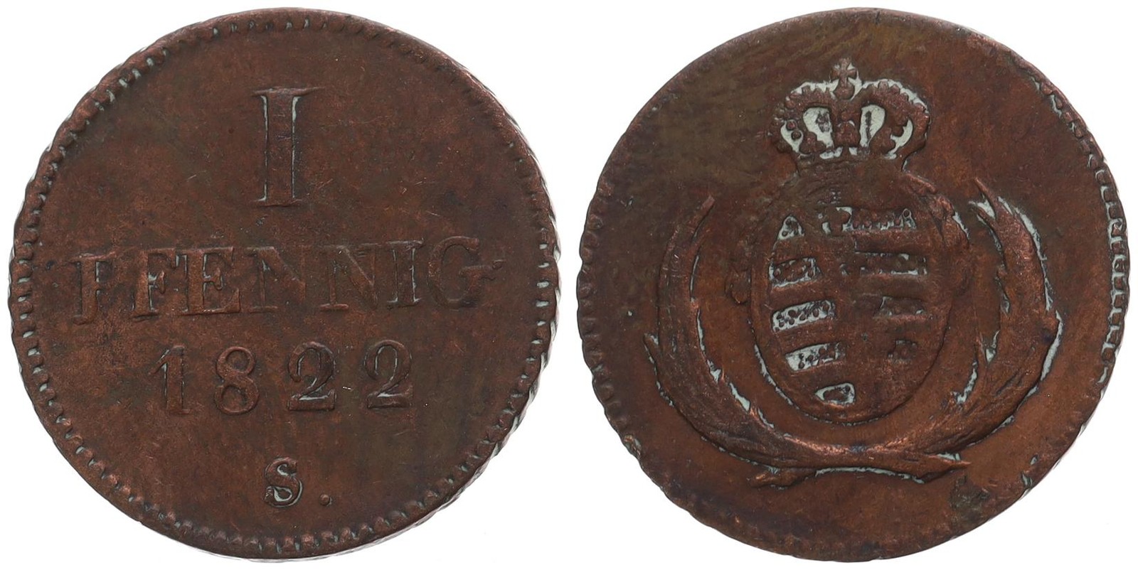Old German States - Saxony 1 Pfennig 1822 - Copper, 2g, Ø 20mm Km#1070 ...
