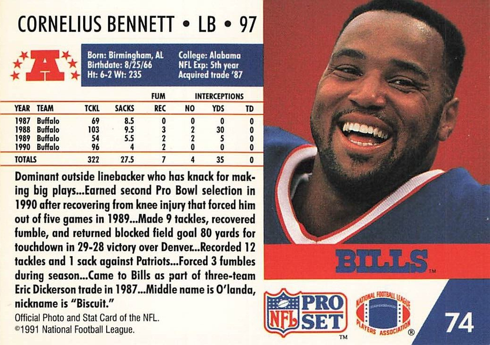 1992 Pro Set NFL Experience Cornelius Bennett #74 | eBay