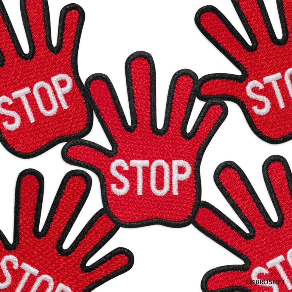 Hand STOP Red White Sign Emblem Symbol Embroidered Patch Iron On SIZE ...