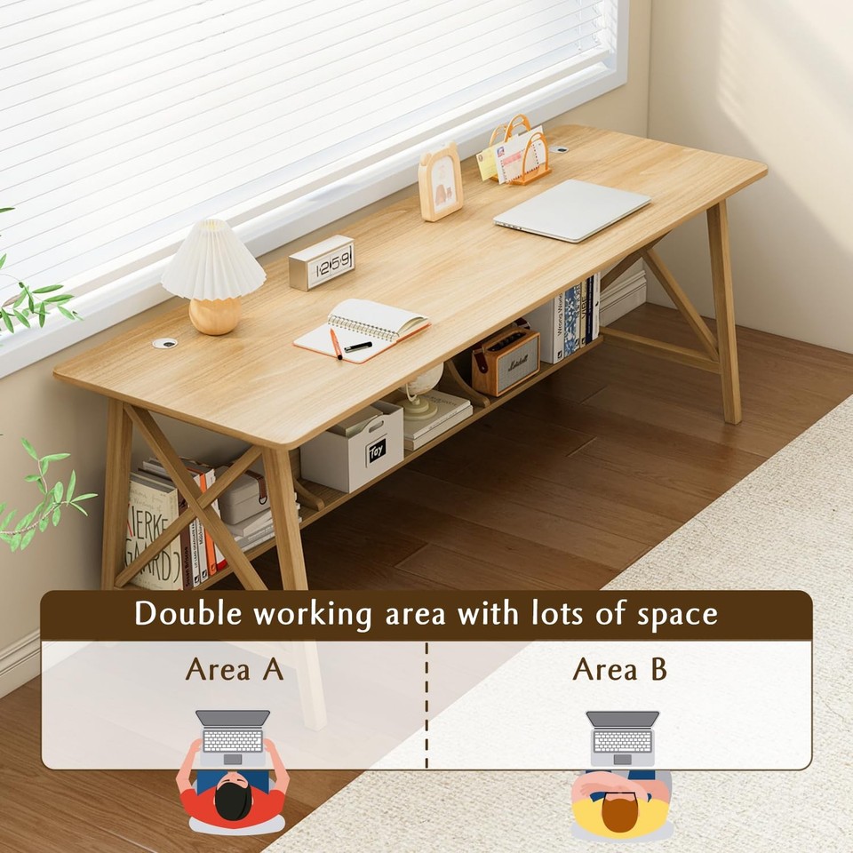 Extra Long Desk With Bookshelf Solid Wood Home Office Work Study Table ...