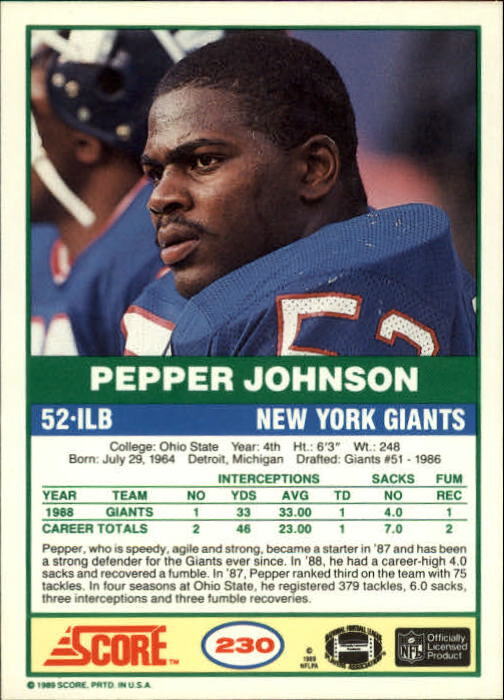 1989 Score #230 Pepper Johnson | eBay