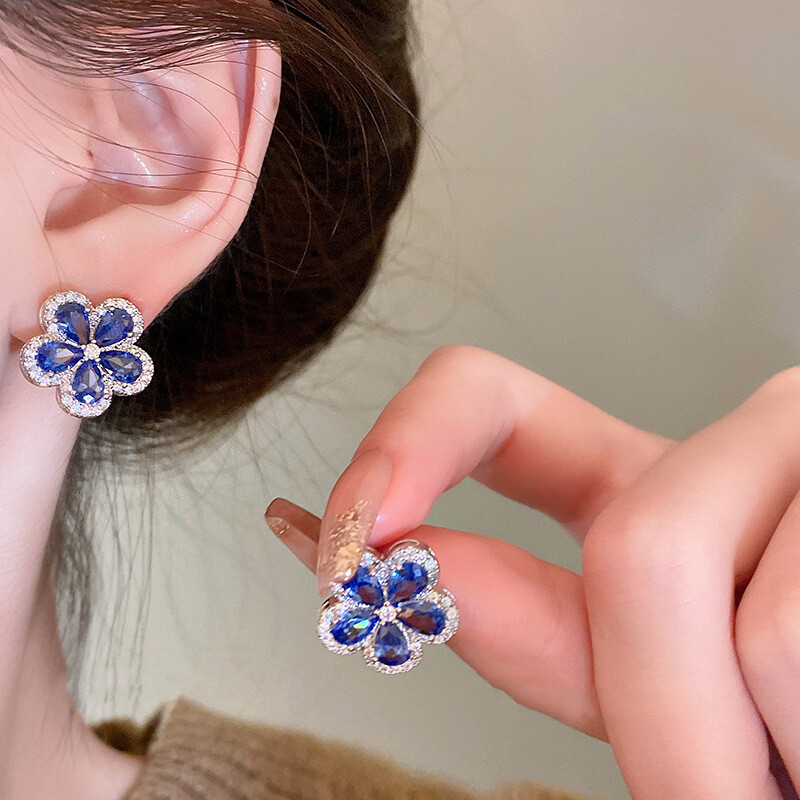 Exquisite Fashion Blue Crystal Zircon Flower Earring Necklace Luxury ...