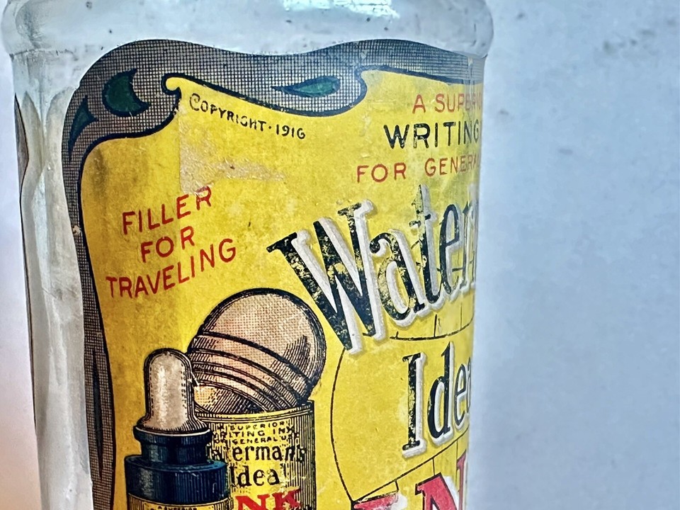 1916 Antique Waterman Vintage Ink Bottle Labeled 1/2 PINT Old Writing ...