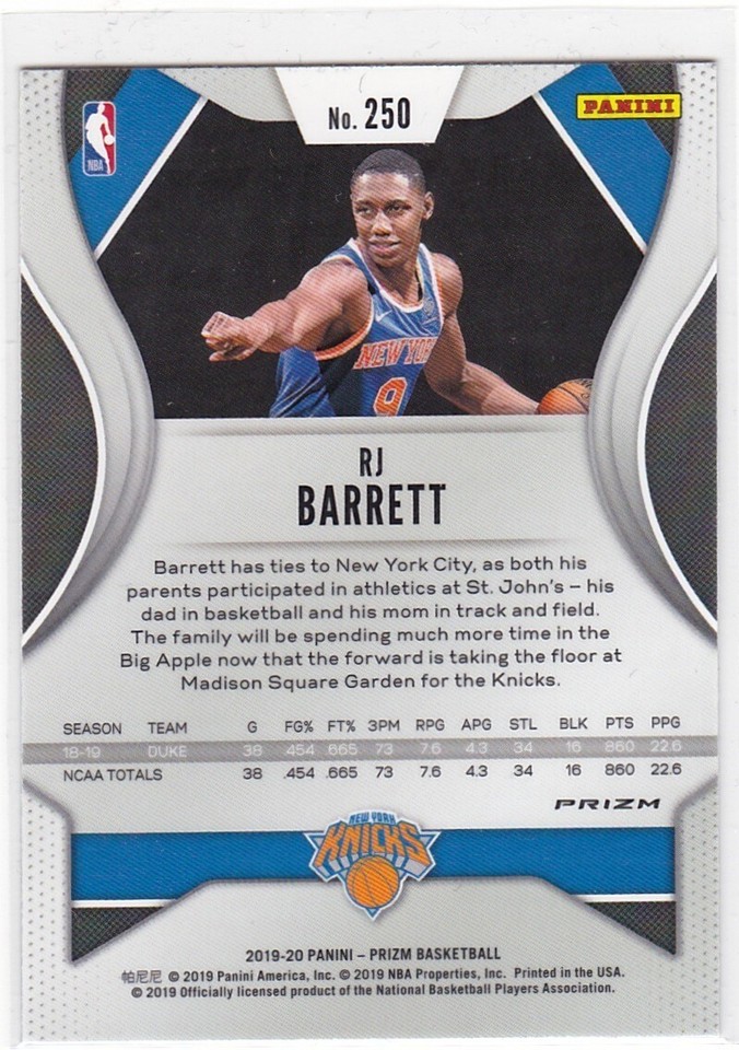 2019-20 Panini Prizm RJ Barrett Red White Blue RWB Prizm Rookie Card ...
