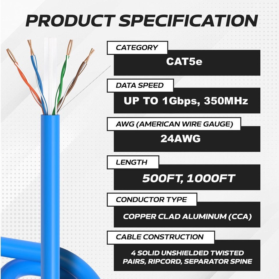 1000ft CAT5e UTP Solid Ethernet Network LAN Cable 24AWG Pull Box Bulk ...
