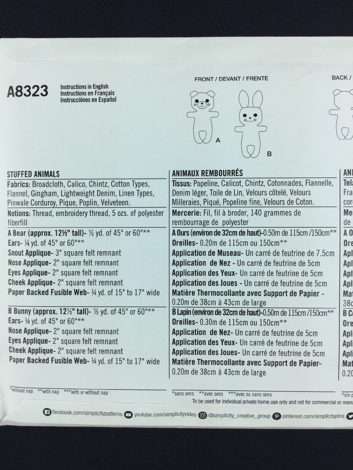 Simplicity A8323 Bunny Rabbit and Bear Sewing Pattern Uncut for sale ...