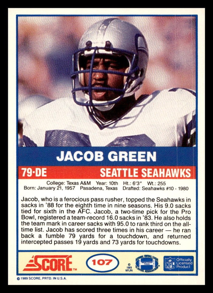 1989 Score #107 Jacob Green Seattle Seahawks | eBay