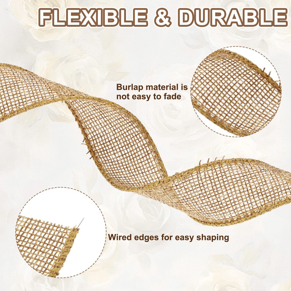 Burlap Wired Ribbon 1" x 10 Yard Wired Edge Ribbon Woven Strap, Gold ...