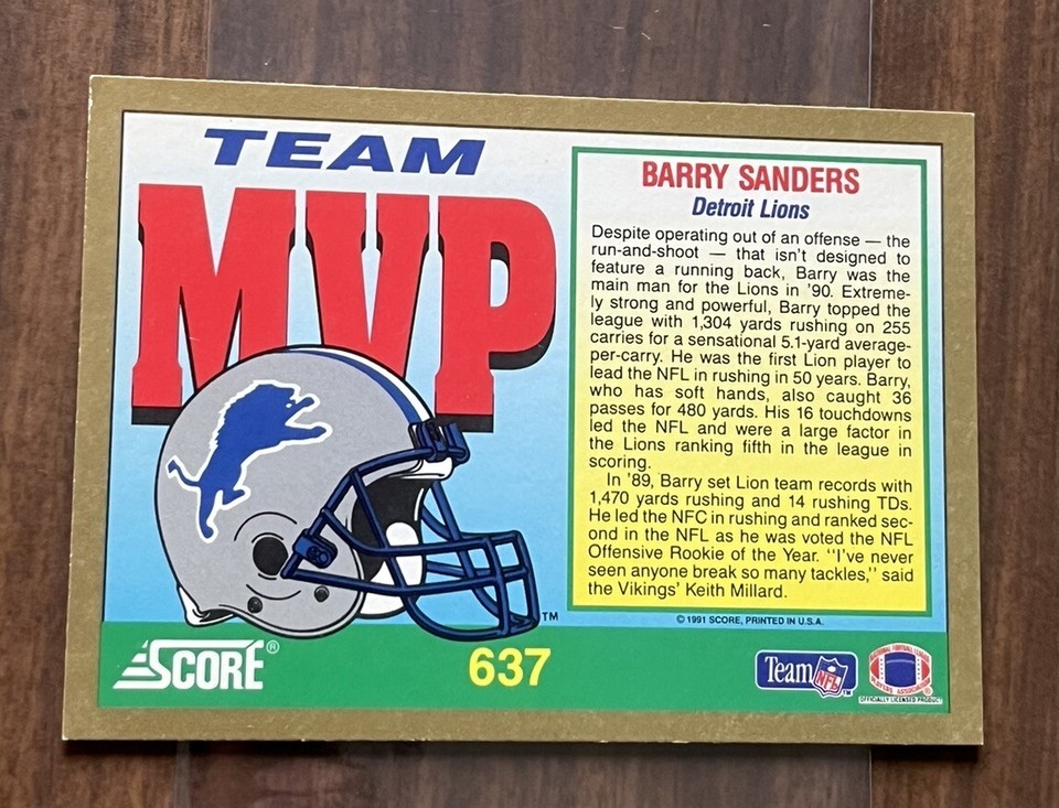 1991 Score Barry Sanders #637 Team MVP Football Art Card Detroit Lions ...