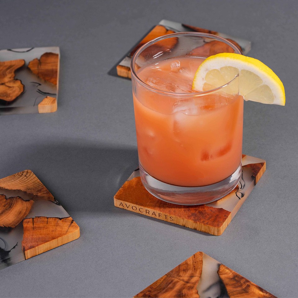 Wooden Coasters Set, Epoxy Coasters, Modern Coasters with Holder, Cedar ...