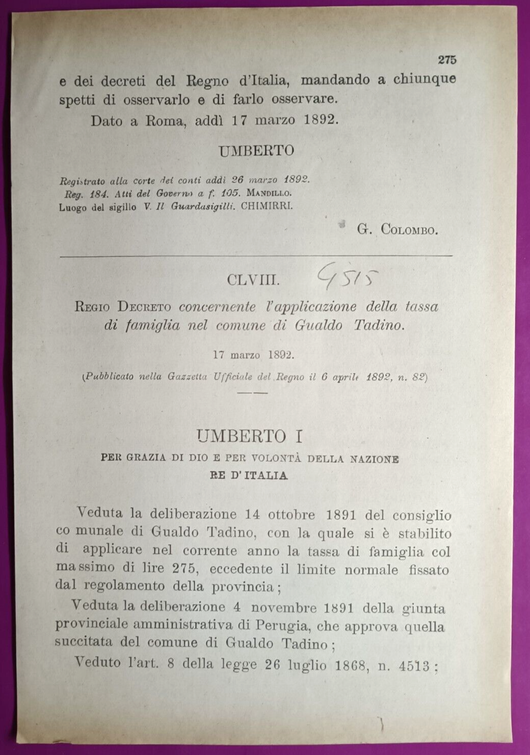 Gualdo Tadino 1892, Royal Decree Iron-On The Tax Of FAMIGLIA-4515 | eBay