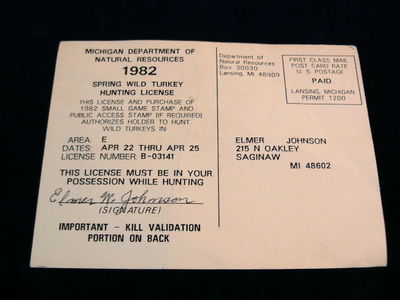 1982 Michigan DNR Resident Turkey Successful Drawing Permit License ...