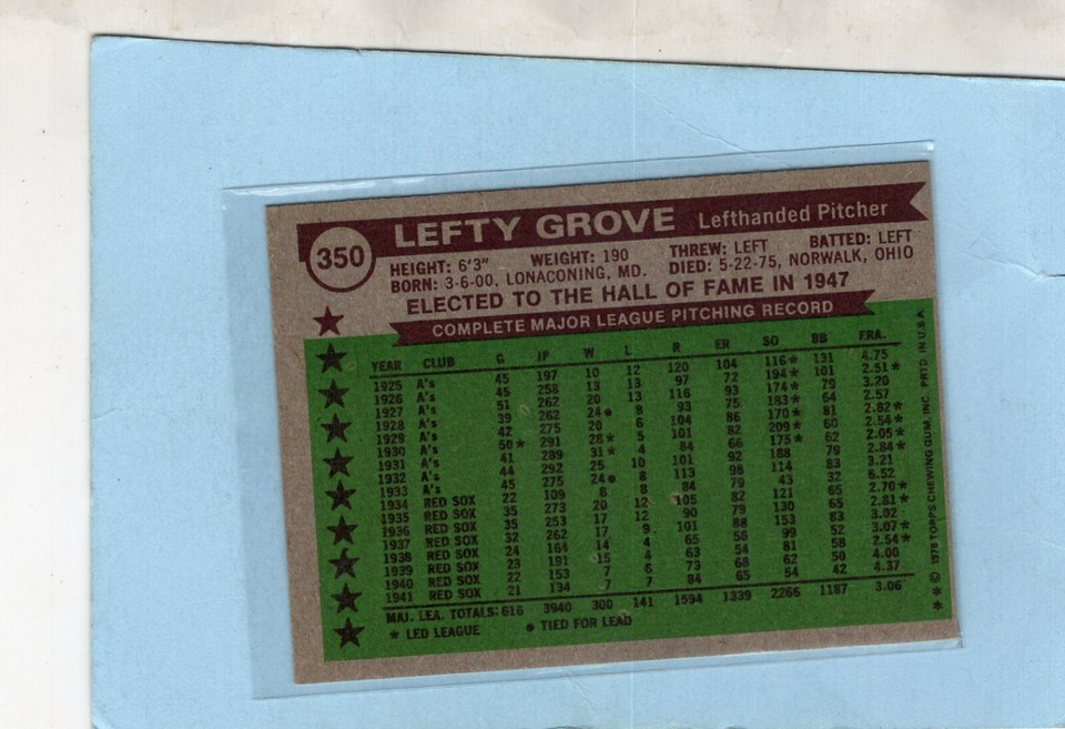 1976 Topps Sporting News All Time All Star Lefty Grove #350 Oakland A's ...